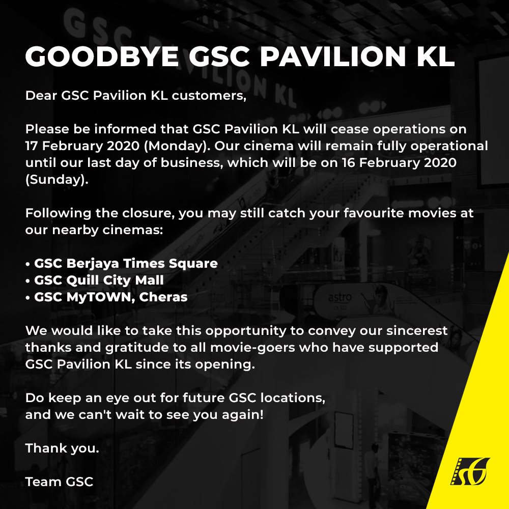 GSC Pavilion KL Is Closing Down And Dadi Cinema From China Is Said To ...