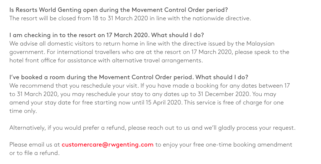 Resorts World Genting Suspends Operations For 14 Days, Reschedule ...